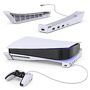 Horizontal Stand for PS5 Console with 4-Port USB Hub,MENEEA Upgraded Base Skate Holder Accessories for Playstation 5 Disc & Digital Edition,3 Charging Port Extension &1 USB 2.0 Data Port