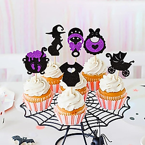 24 Pack Halloween Baby Shower Cupcake Toppers A Baby Is Brewing Cupcake Picks Witch Pregnant Women Halloween Gneder Reveal Cupcake Decorations Party Supplies Black Pink