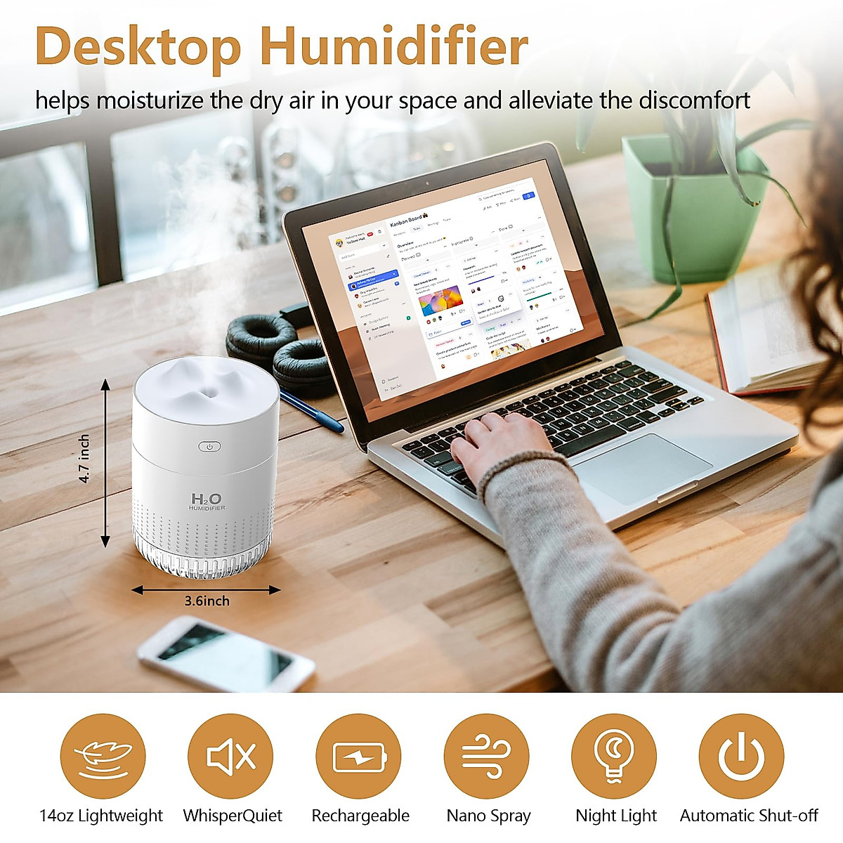HOTBAG Portable Mini Humidifier For Plants Indoor 500ml Small Cool Mist Humidifier Usb Rechargeable Mini Humidifier For Desk Travel Office Home Nursery Auto Shut-Off 2 Mist Modes With Night Light