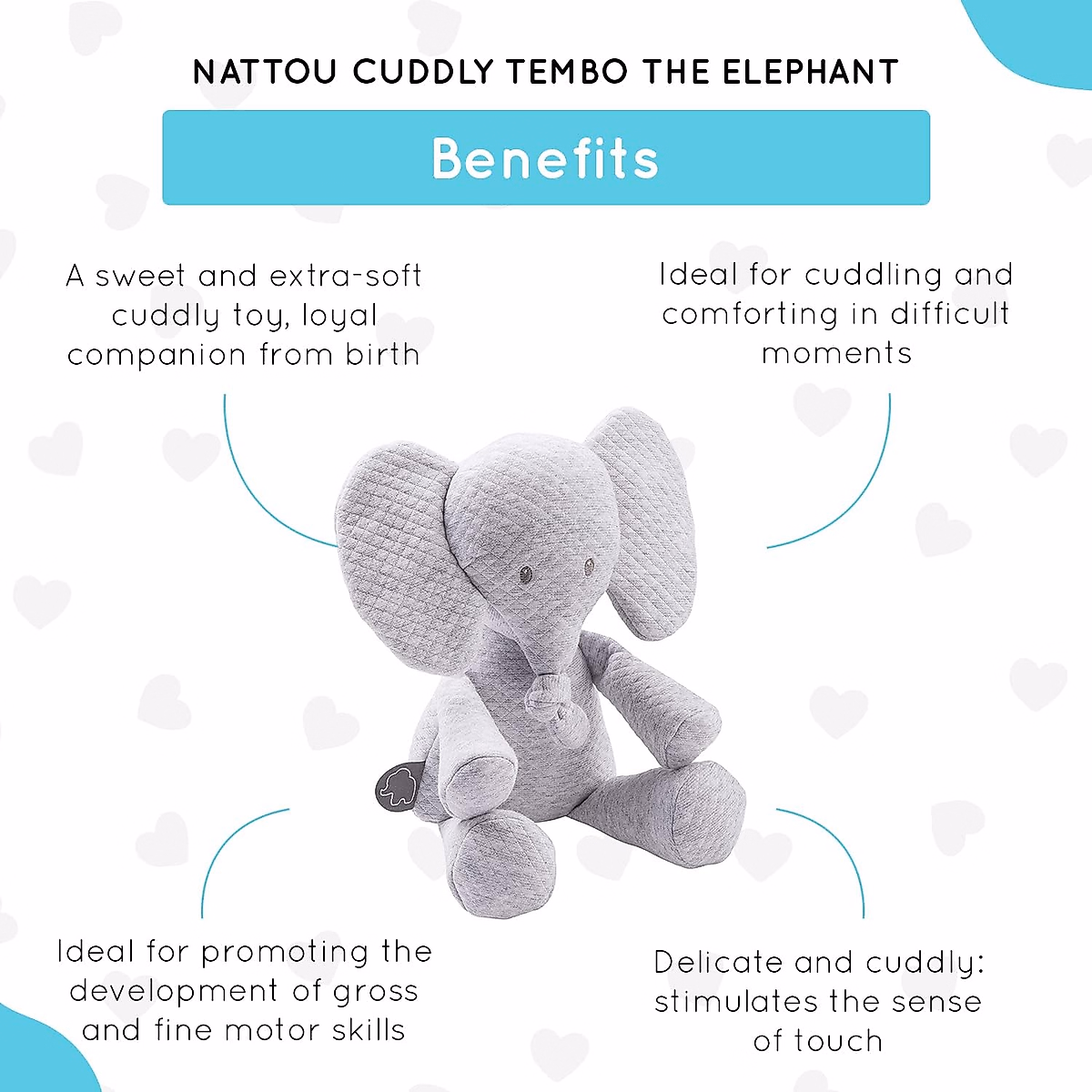 Nattou Cuddly Plush Toy Tembo The Elephant - Promotes Motor Skills, Easy Care, Extra-Soft Material, Machine Washable - Grey, 11 inches