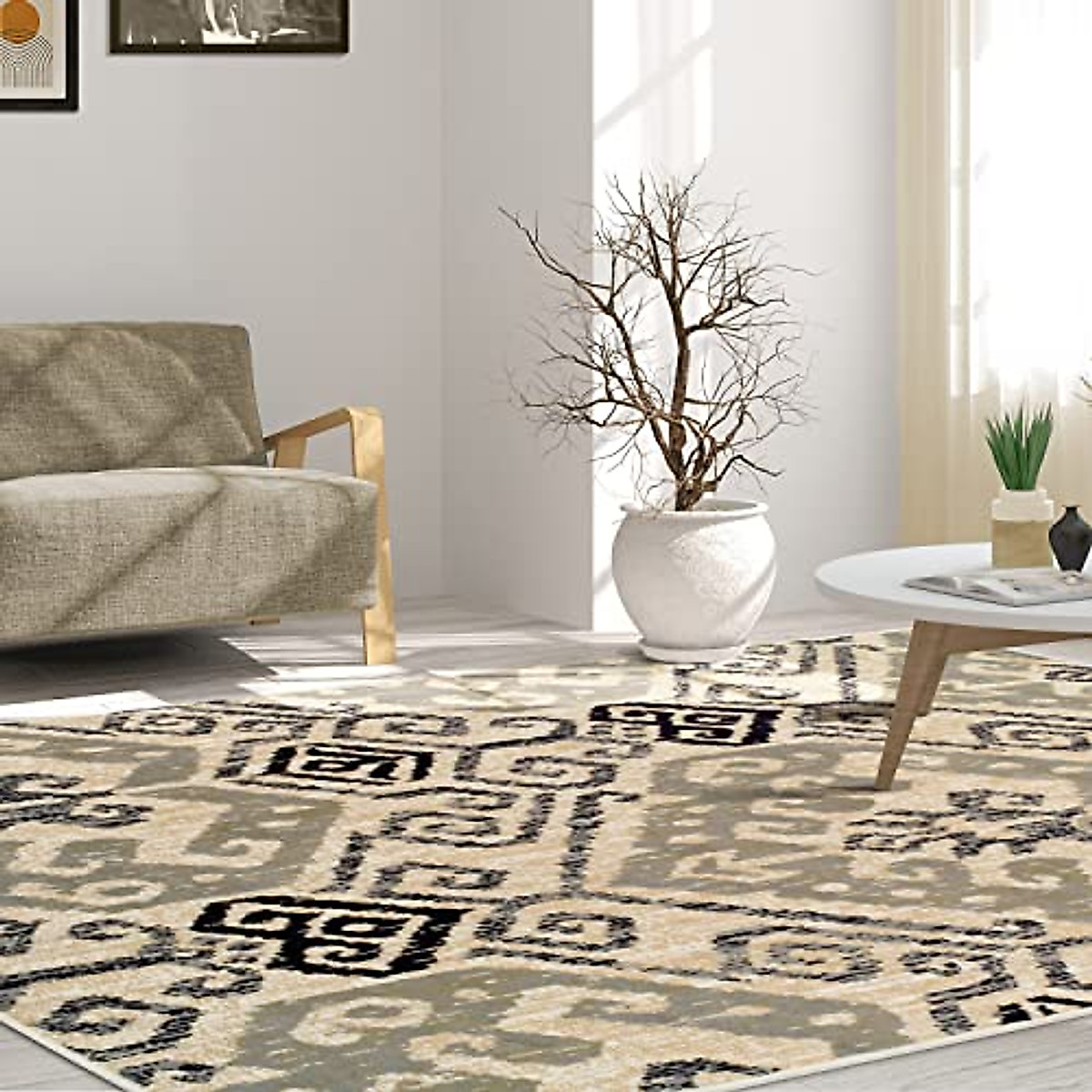 Superior 8mm Pile Height with Jute Backing, Gorgeous Ikat Damask Pattern, Fashionable and Affordable Woven Rugs, 8' x 10' Rug, Beige