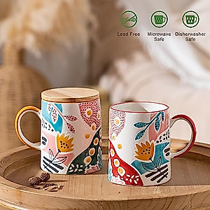 Taimei Teatime Ceramic Coffee Mug with Lid, Mug Set of 2, 17.6oz Coffee Mug with Handle, Large Mug for Coffee Latte, Tea, Handpainted Floral Mugs for Women, Dishwasher Safe and Microwaveable