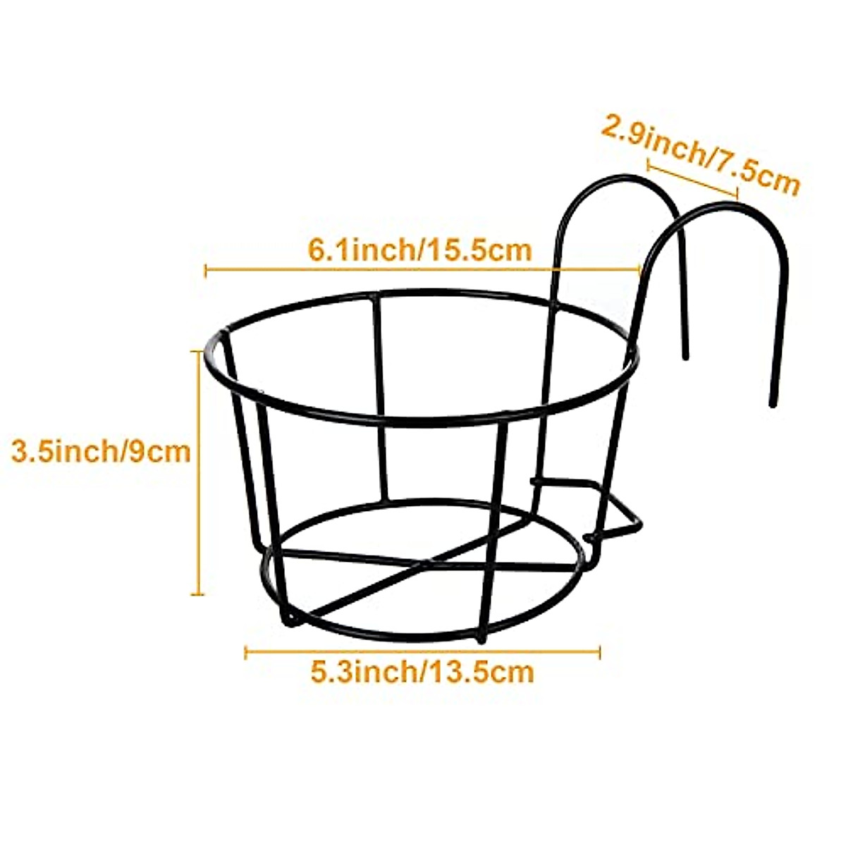 6 Pcs Round Hanging Railing Planters Basket, Metal Flower Pot Holder, Planter Potted Stand Iron Rack Fence Support Stand Shelf with Detachable Hook for Balcony, Garden, Indoor and Outdoor, Black
