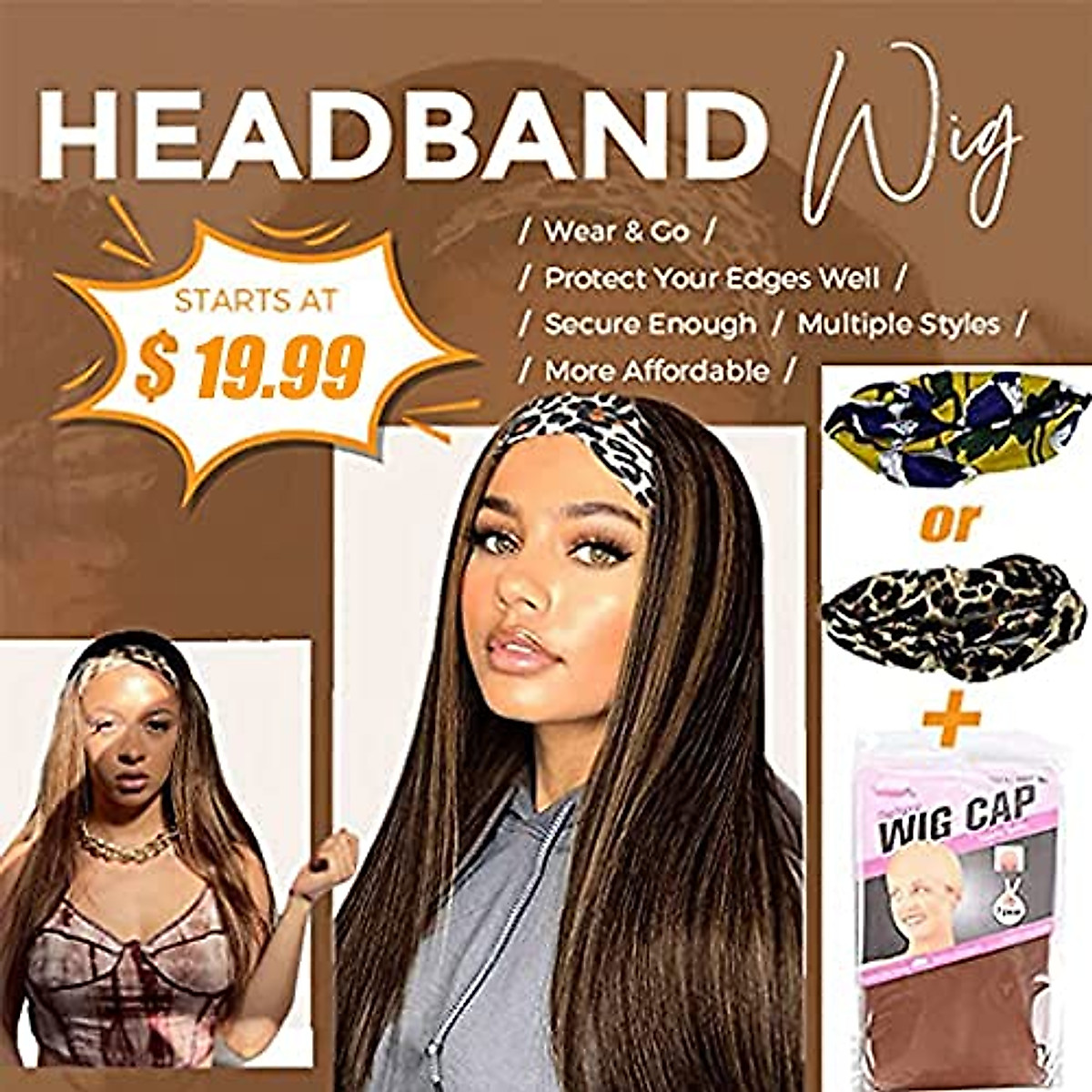 AnglesBeauty Headband Wig for Women 24 Inch Black/Brown Long Highlights Straight Headband Wig, Premium Syntheric Headband Wig Natural Glueless None Lace Front Wigs with Headbands & Wig Caps (24 Inch, Black/Brown)
