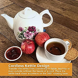 White Country Rose Ceramic Kettle - 1L | Cordless kettle with retro design | Fast boiling with anti-limescale properties | From Jean Patrique