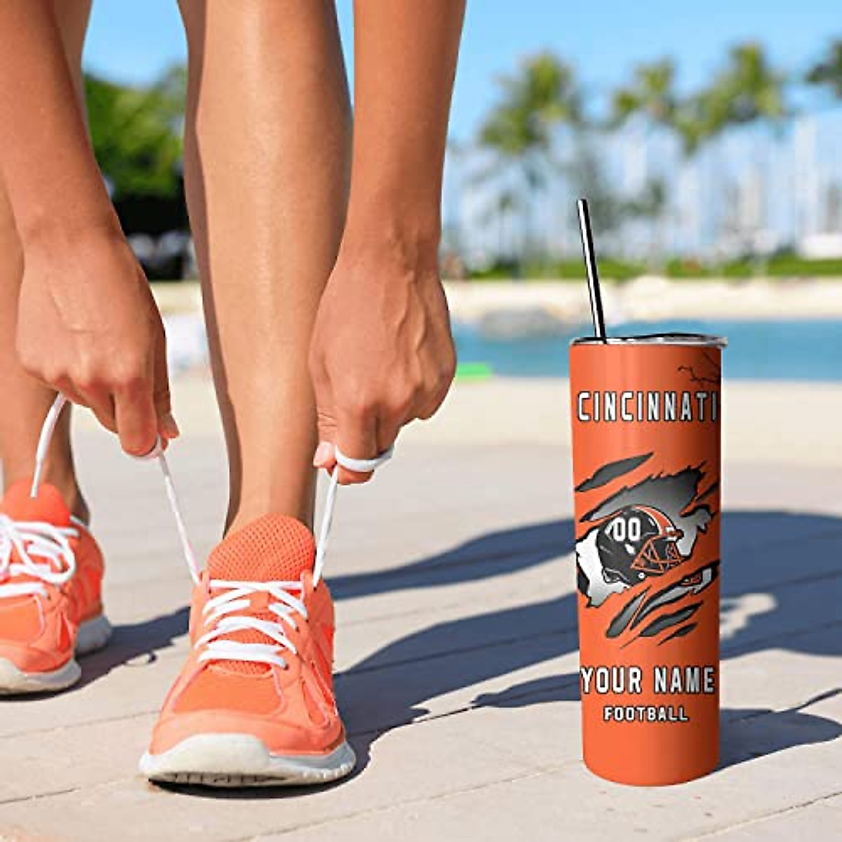 20oz Customs Football City Tumbler with Lid and Straws, Personalized Football GIfts for Fans, Travel Cup Adds Your Name and Number