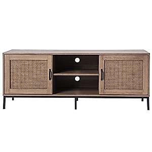 BIRASIL Industrial TV Stand, Wood TV Cabinet with Rattan Doors, Entertainment Center with Storage, Rustic Television Stands for TVs up to 60 inch for Living Room (Natural Oak, 56 Inch)