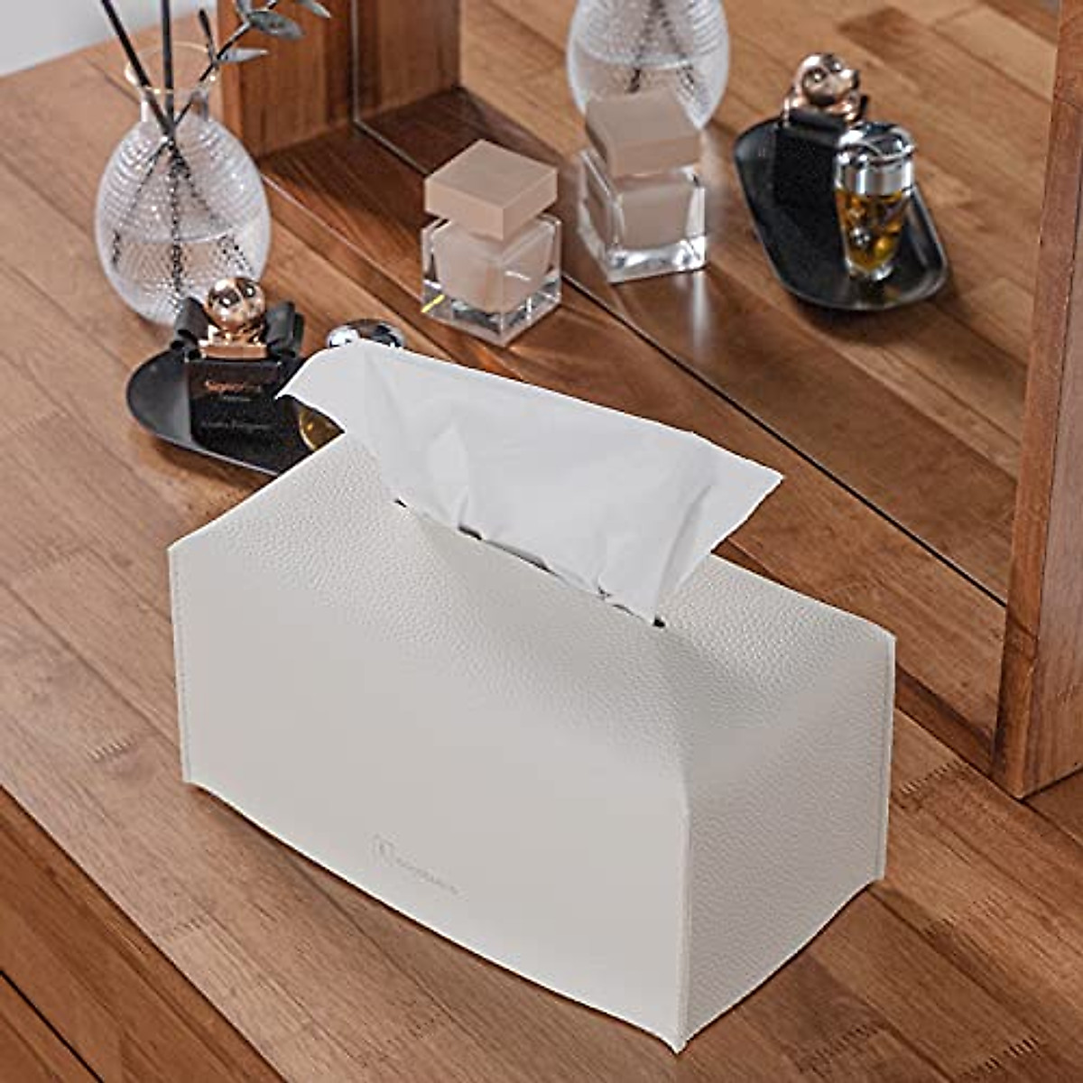 GOODSDECO PU Leather Tissue Box Cover Rectangle - Modern Tissue Box Holder Organaizer for Home Office Bathroom Car, Pastel Organaizer (White)