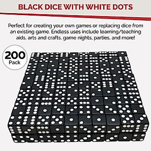 MR CHIPS D6 Standard 16 mm Opaque Dice with Pip Dots - 200 Pack - Black