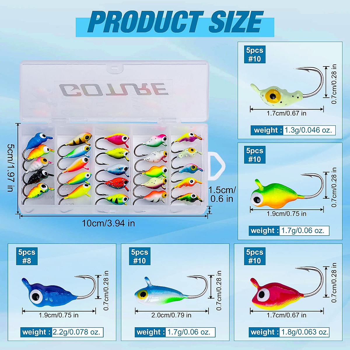 Goture Ice Fishing Jigs Tungsten Kit with Carbon Steel Hooks in Tackle Box, Winter Ice Fishing Lures for Bass, Pike, Trout, Walleye, Crappie, Panfish