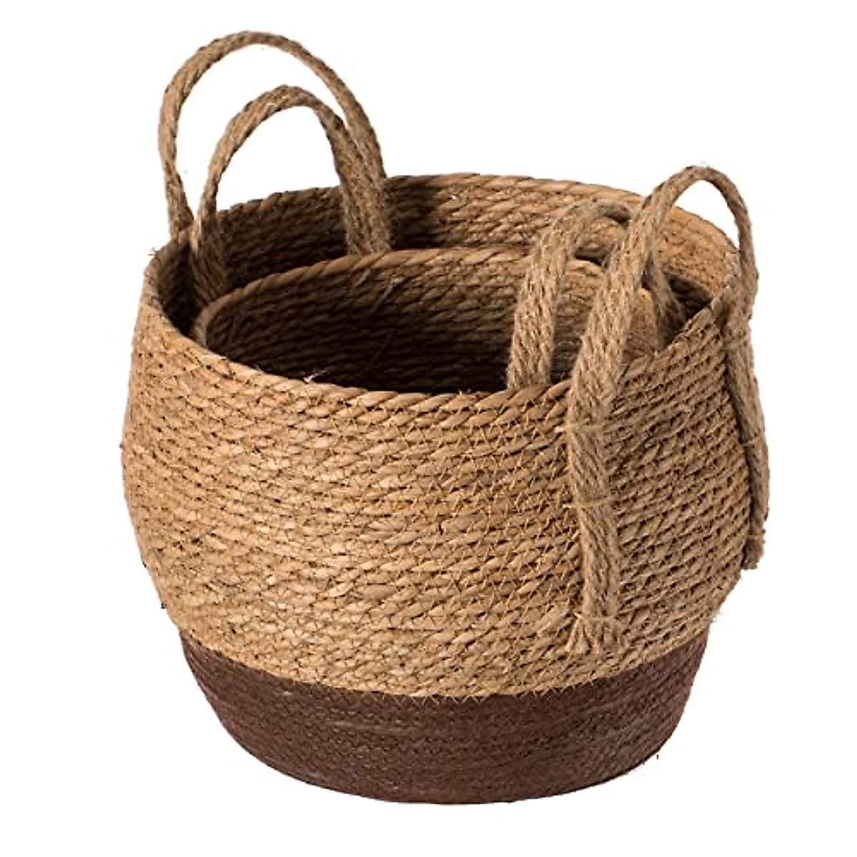 Straw Decorative Round Storage Basket Set of 2 with Woven Handles for the Playroom, Bedroom, and Living Room
