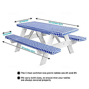 LINPRO 6ft Vinyl Fitted Picnic Table Cover with Bench Covers - Camper and Travel Accessories - Checkered Outdoor Picnic Tablecloth and seat Covers with Elastic Edges Waterproof 3 Pc Set for Patio 72"