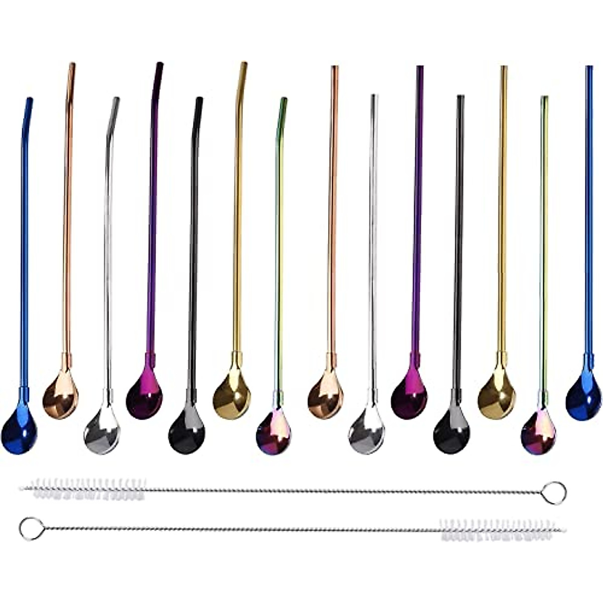 14Pcs Straws Spoon, BetterJonny Stainless Steel Drinking Spoon Straws 2 in 1 Long Handle Reusable Straws Spoon with 2 Cleaning Brushes for Latte Macchiato (7 Color)