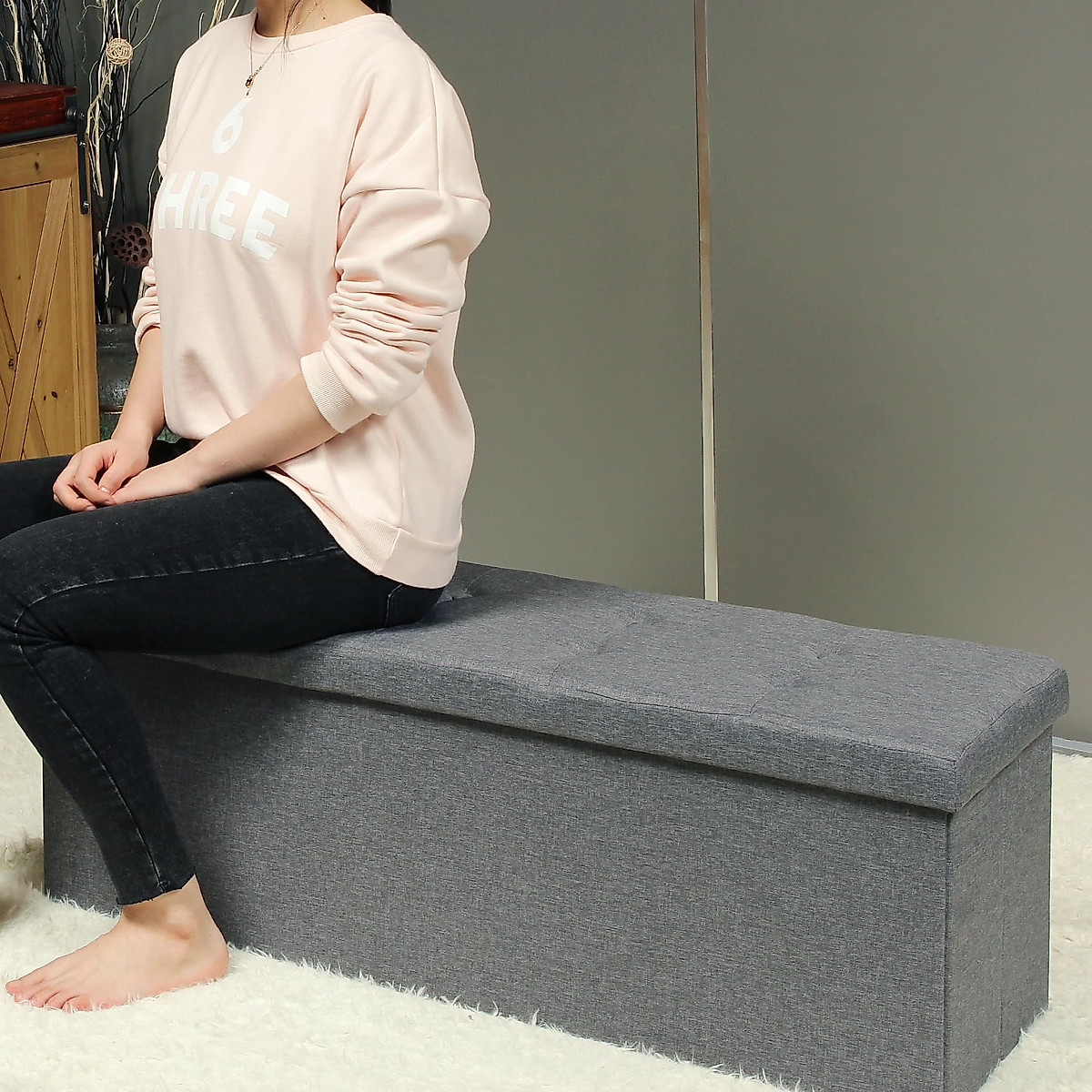 PINPLUS Folding Storage Ottoman Bench, Grey Linen Long Storage Chest Foot Rest Stool with Padded Seat, Toy Chest with Tray, Bedroom Bench with Storage, 43.3inches