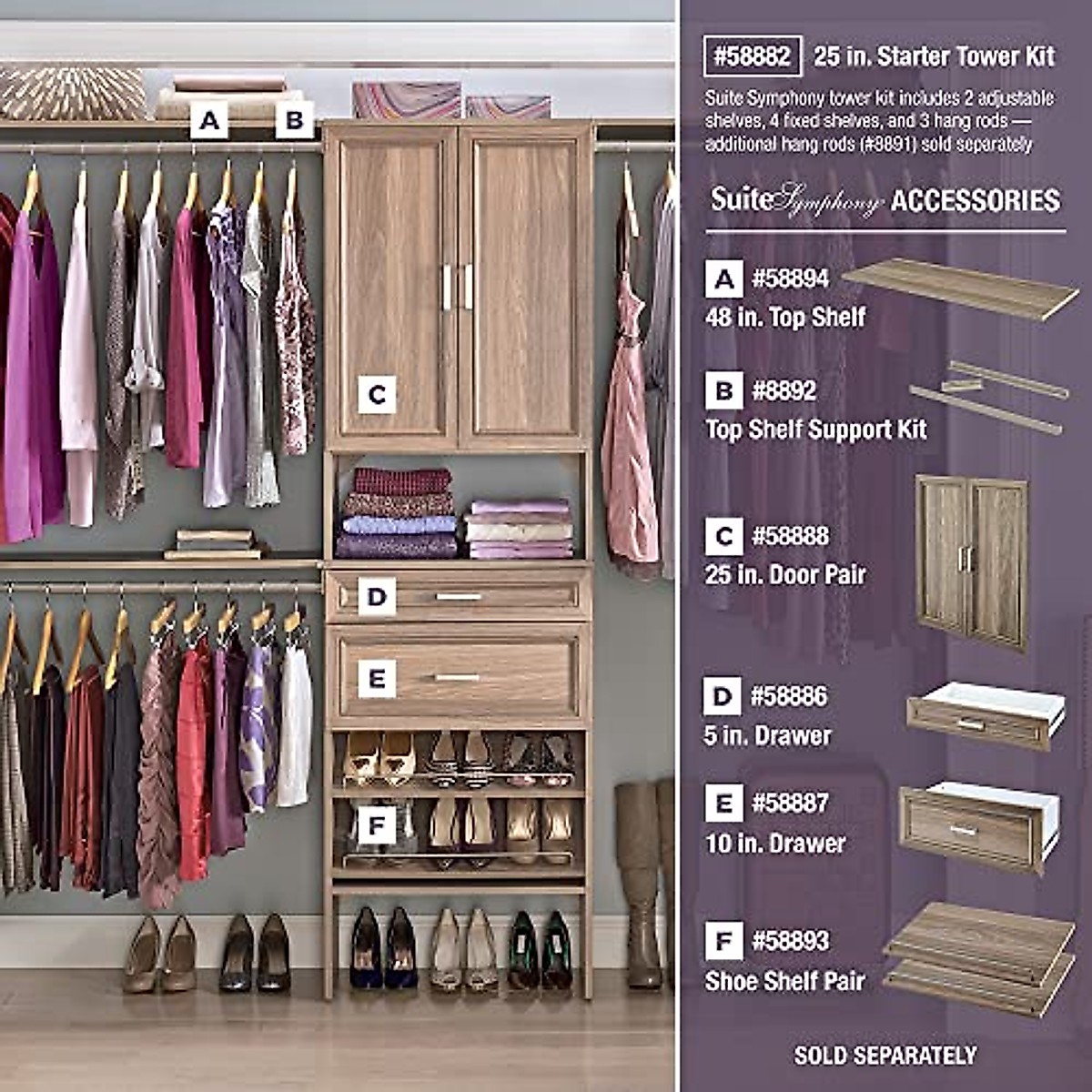 ClosetMaid SuiteSymphony Wood Drawer, Add On Accessory Shaker Style, for Storage, Closet, Clothes, x 10” Size for 25 in. Units, Natural Gray/Satin Nickel, 25" X 10"