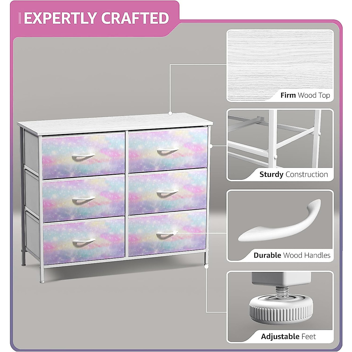 Sorbus Kids Dresser with 6 Drawers - Storage Chest Organizer Nightstand - Steel Frame, Wood Top, Tie-Dye Fabric Bins for Clothes - Wide Furniture for Bedroom, Hallway, Nursery, Closet, & Apartment