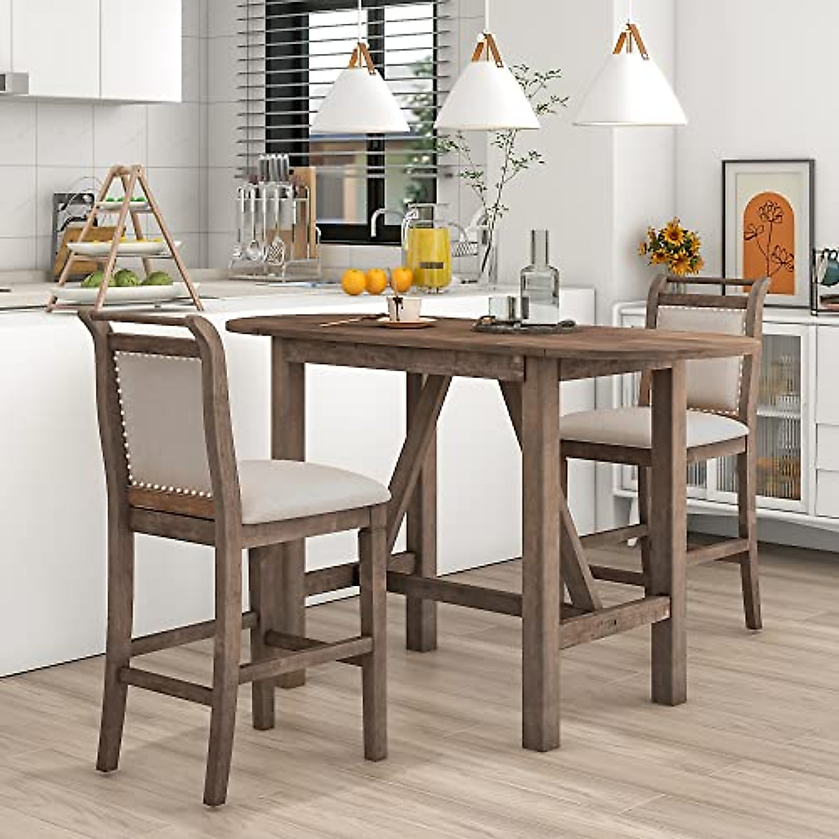 RUNNA 3-Piece Wood Kitchen Table Set, Drop Leaf Table Set with 2 X-Back Chairs for Small Places