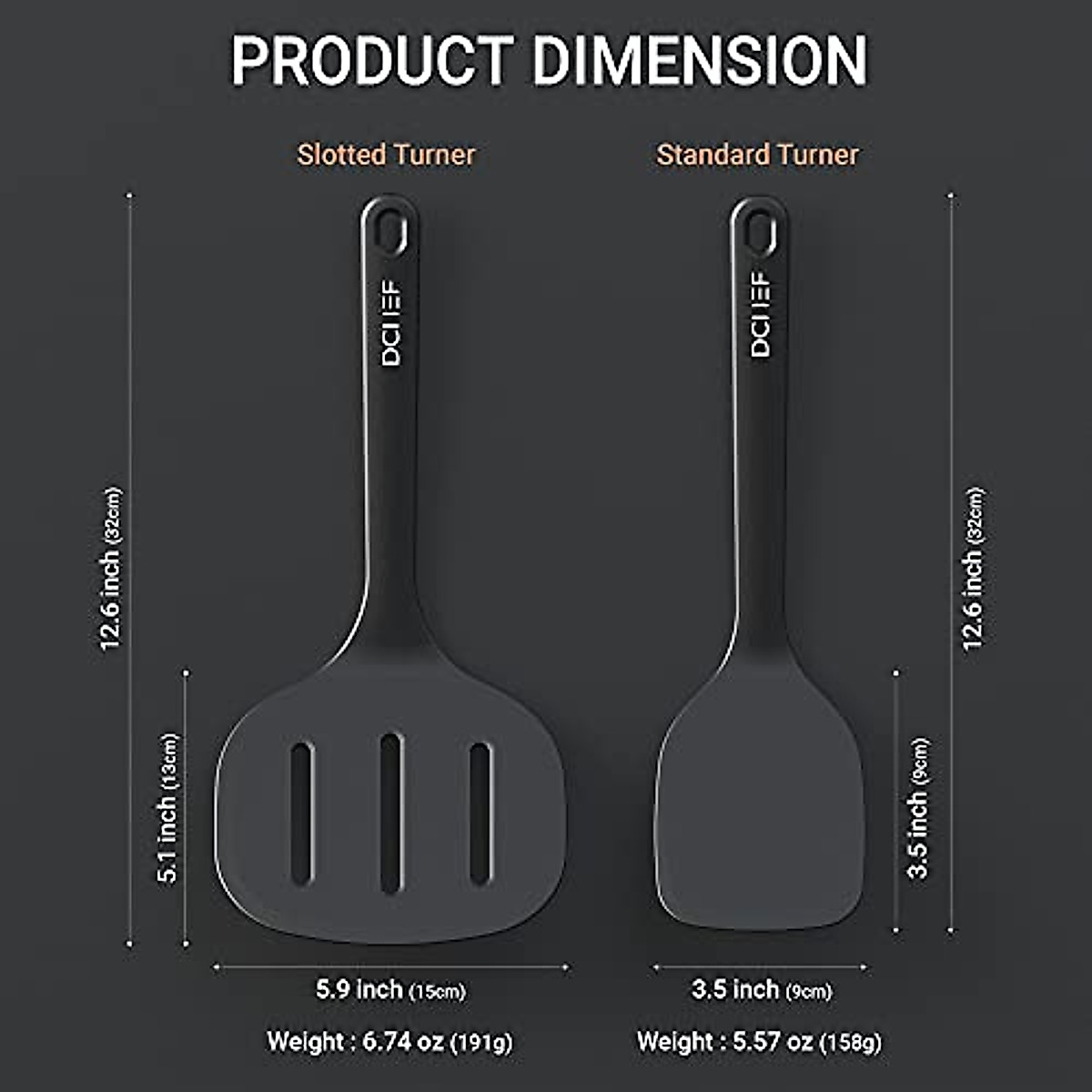 Dailychef Large Silicone XL Turner Set Black - Slotted Turner Wide Spatula Pancake Flipper