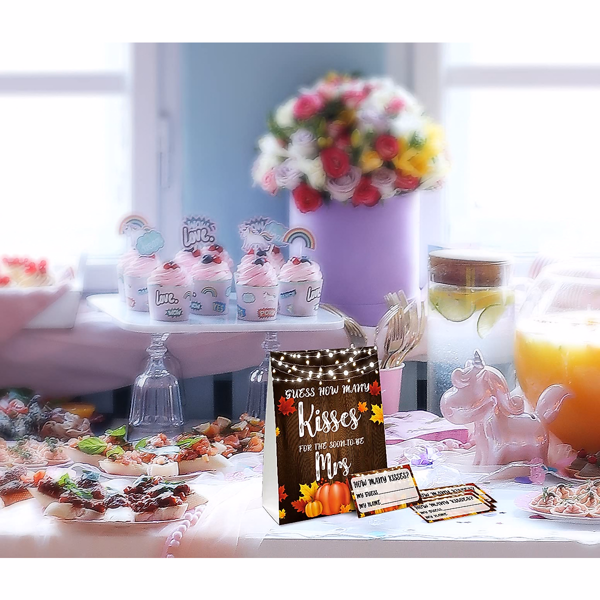 Guess How Many Kisses Bridal Shower Game, Game Kit (1 Standing Sign + 50 cards), (Wood Pattern Fall Pumpkin Maples Leaves) Bridal Shower Party Game, (A047-Kiss)