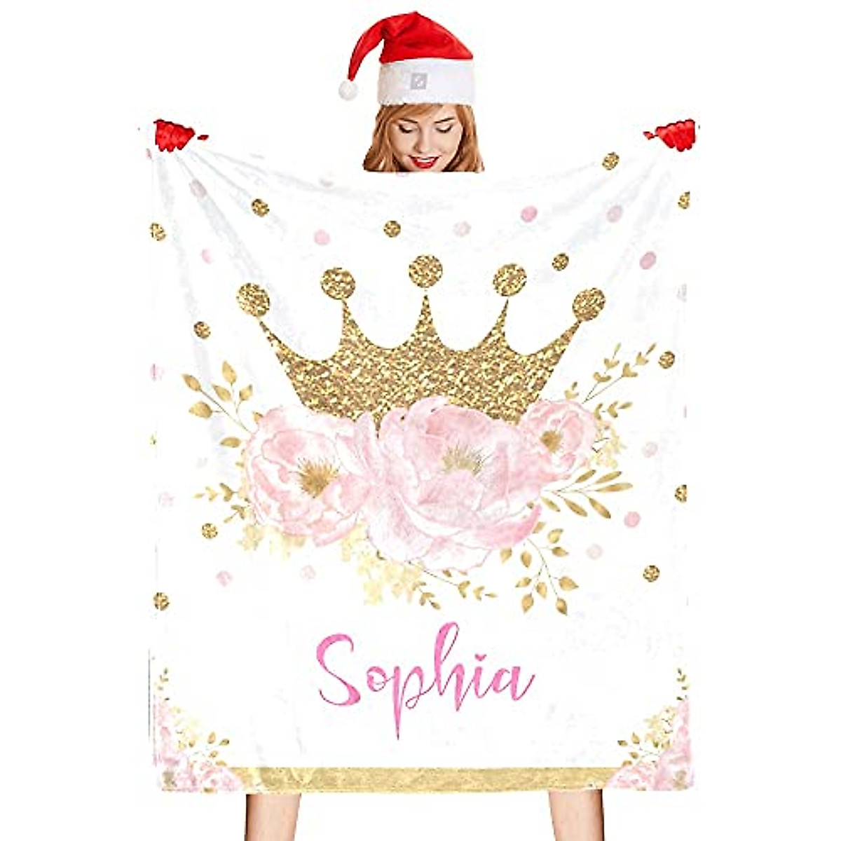 Custom Blanket Personalized Blush Floral Gold Soft Fleece Throw Blanket with Name for Gifts Sofa Bed (50 X 60 inches)