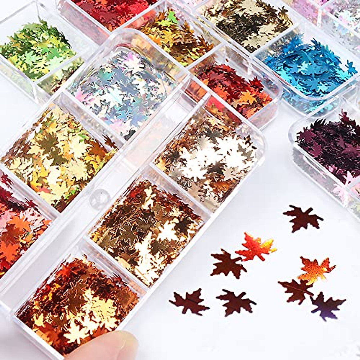 Maple Leaf Nail Glitter Sequins 3D Holographic Fall Leaves Nail Art Flakes 6 Colors Laser Autumn Leaf Nails Decals Stickers for Acrylic Nails Decorations DIY Crafts