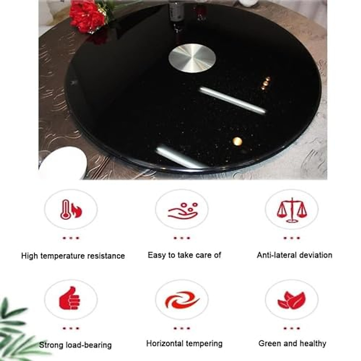 MAGILL 40in Lazy Susan Turntable Black Dining Table Serving Tray for Kitchen，8mm Thick Tempered Glass Rotating Tray，360° Swivel, Large Tabletop Swivel Plate (Color : Black, Size : 80cm/32in)