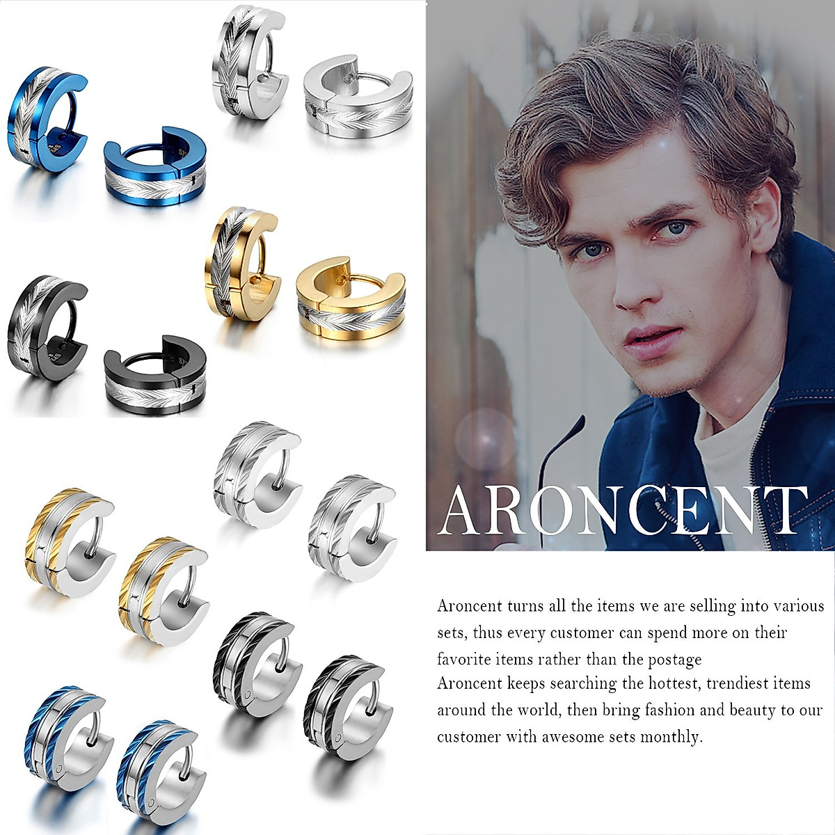 Aroncent Stainless Steel 3-8 Pairs Hoop Earrings Men Small Hoop Huggie Hinged Earrings Set for Men Women 4mm Gifts