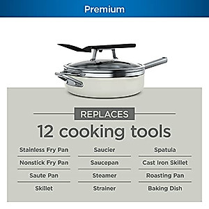 Ninja CW102WH Foodi NeverStick PossiblePan, Premium Set with 4-Quart Capacity Pan, Steamer/Strainer Basket, Glass Lid & Integrated Spatula, Nonstick, Durable & Oven Safe to 500°F, Vanilla Bean