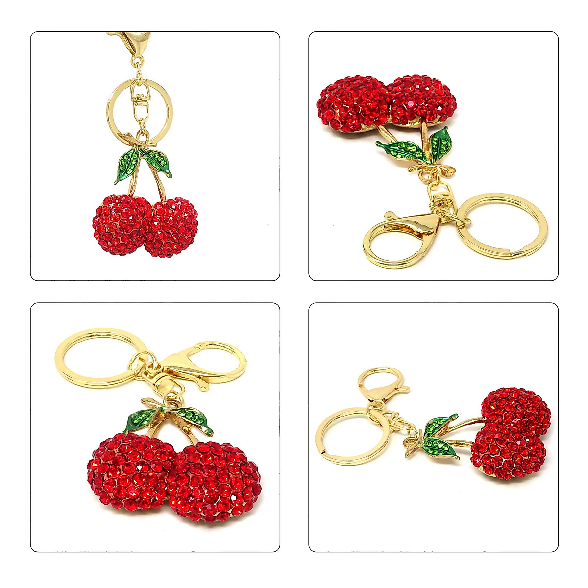 Honbay 1PCS Rhinestone Cherry Keychain Sparkling Fruit Cherry with Leaves Keyring in A Box for Bag Purse Wallet Cellphone or Car Pendant