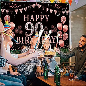 Trgowaul 90th Birthday Decorations Rose Gold 90 Year Old Birthday Backdrop Banner for Women Happy 90th Birthday Party Suppiles Photography Supplies Background Happy 90th Birthday Decoration