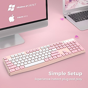 Lovaky Wireless Keyboard, 2.4G Ergonomic Wireless Computer Keyboard, Enlarged Indicator Light, Full Size PC Keyboard with Numeric Keypad for Laptop, Desktop, Surface, Chromebook, Notebook,PinkWhite