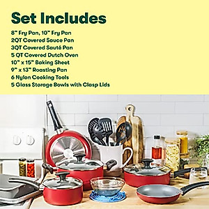 BELLA Nonstick Cookware Set with Glass Lids - Aluminum Bakeware, Pots and Pans, Storage Bowls & Utensils, Compatible with All Stovetops, 21 Piece, Red