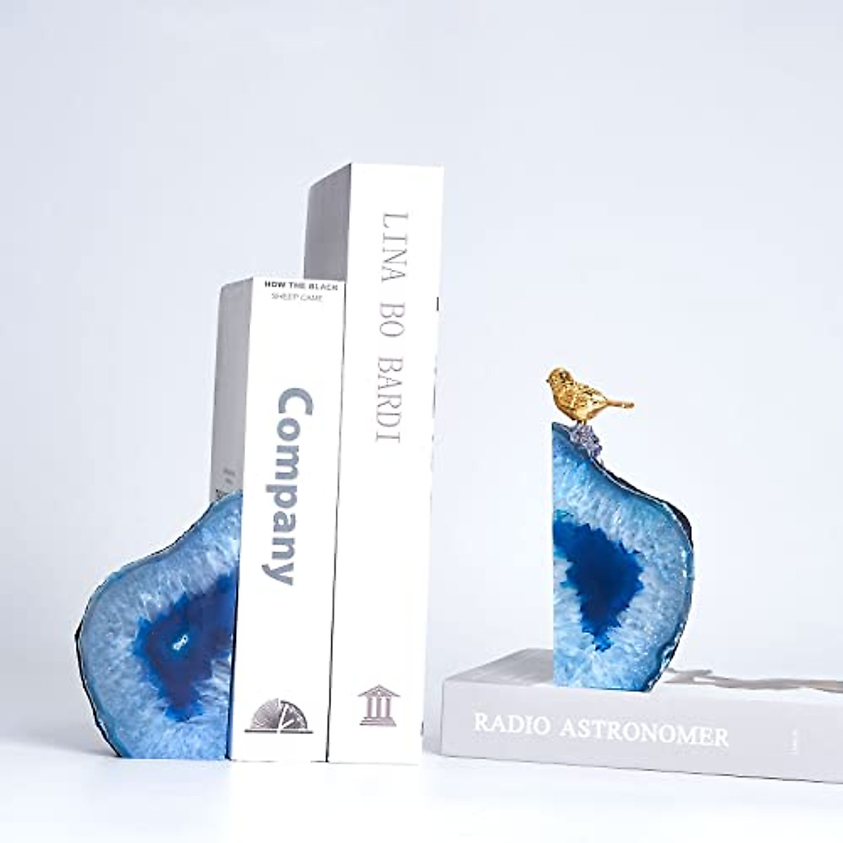 Yougoals Blue Agate Bookends for Shelves, Geode Crystal Book Ends for Heavy Books, Stone Decor with Rubber Bumpers 1 Pair 3-3.8LBS Home Decorative Unique