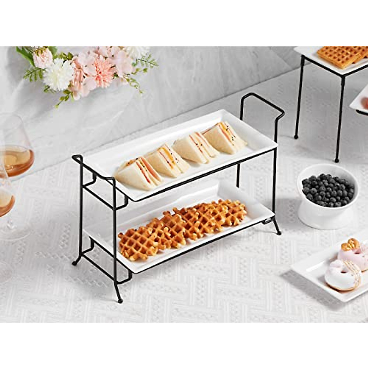 ONEMORE 2-Tier Serving Tray, Collapsible Food Display Stand with Microwave Freezer and Oven Safe Rectangular Ceramic Platters Perfect for Indoor/Outdoor Celebrations and Parties - Bright White