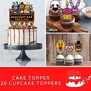 Nelton Birthday Party Supplies For FNAF Includes Banner - Backdrop - Cake Topper - 24 Cupcake Toppers - 24 Balloons - Table Cloth