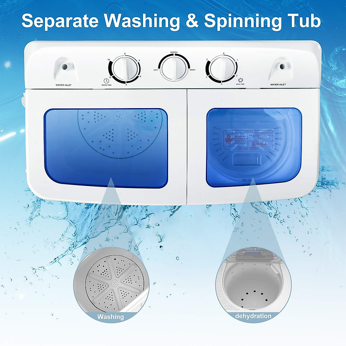 Giantex GT24267-PE 20lbs Spinner Combo, 12lbs 8lbs Spinning, Compact Twin Tub Mini Washer for Apartment RV Dorms, Blue & White Portable Washing Machine