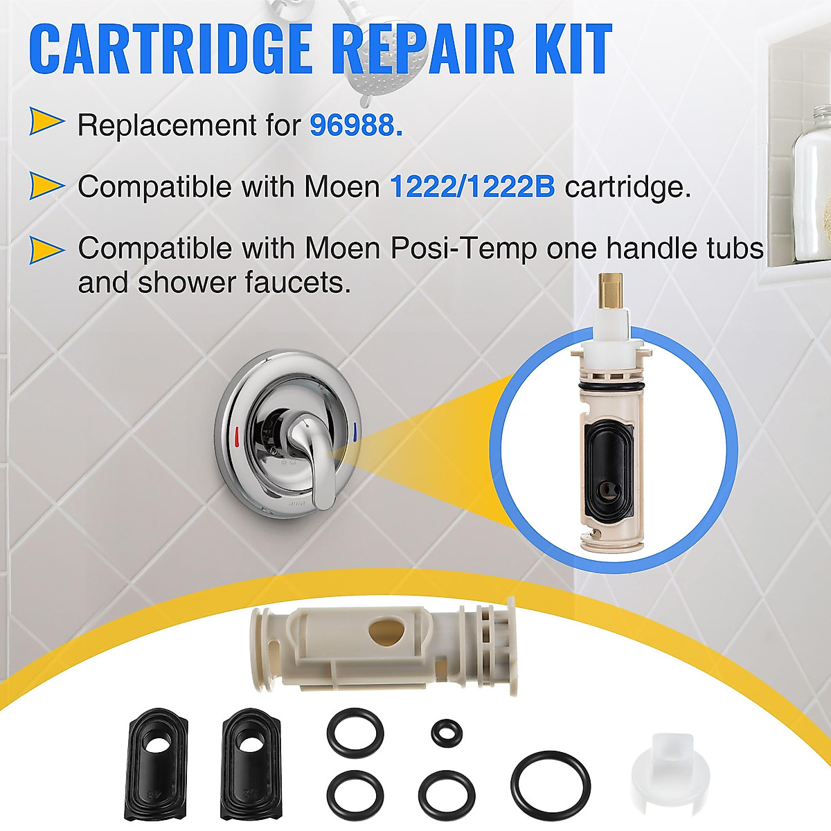 Dreyoo Cartridge Repair Kit Replacement for 96988, Repair Kit Compatible with Moen 1222/1222B Single Handle Cartridge Tub and Shower Faucets, Bathroom Cartridge Repair Kit Parts