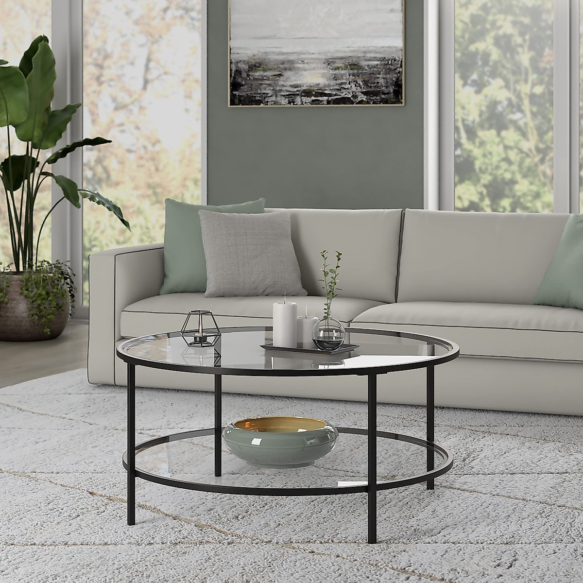 Henn&Hart 36" Wide Round Coffee Table with Glass Top in Blackened Bronze, Modern coffee tables for living room, studio apartment essentials