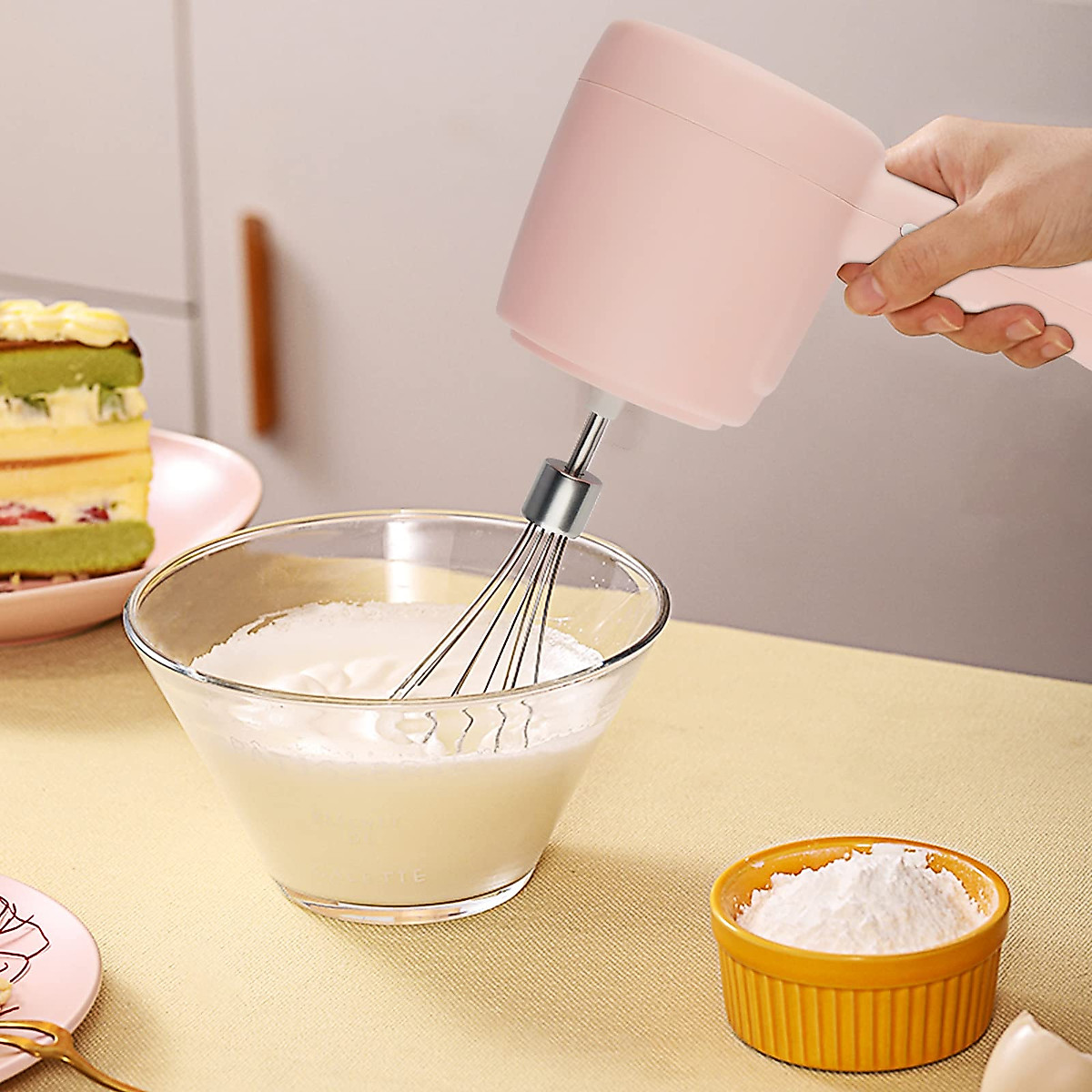 New 2 in 1 Mini Electric Whisk,with Garlic Chopper,USB Rechargeable Detachable Handheld Egg Beater, Good Helper in the Kitchen Making Cakes (Pink)