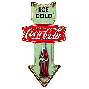 Open Road Brands Coca-Cola Ice Cold Arrow Embossed Metal Sign - Vintage Diner Coca-Cola Sign for Kitchen or Man Cave