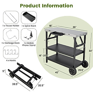 Giantex Outdoor Grill Cart with Wheels, Food Prep Table with 3 Storage Shelves, Detachable Spice Rack, Garbage Bag Holder, 4 Hooks, Movable Dining Cart Worktable Trolley for Outside Kitchen BBQ