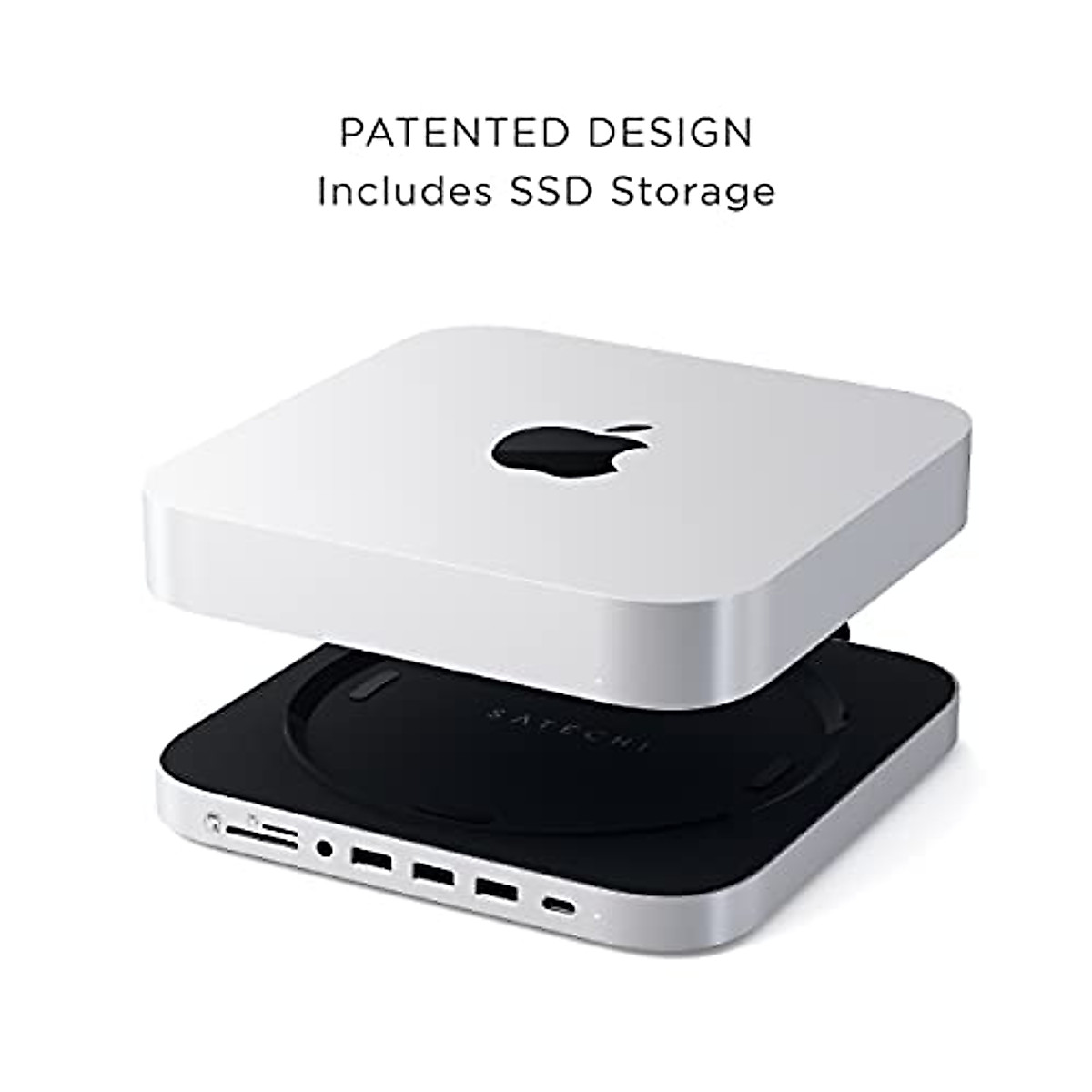 SATECHI Mac Mini Hub & Type-C Stand with SSD Enclosure – Mac Mini Stand - Fits M.2 SATA SSD, USB-C Data Port, Micro/SD Card Readers, USB-A, Headphone Jack Port – for Mac Studio, Mac Mini M1 (Silver)