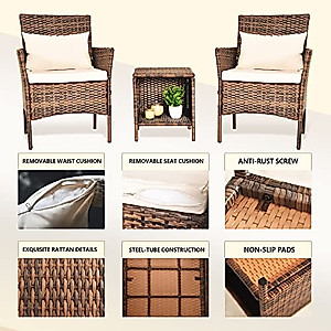 Patio Porch Furniture Sets 3 Pieces Rattan Wicker Chairs with Table and 2 Pillow Outdoor Garden Furniture Sets Conversation Chair Set