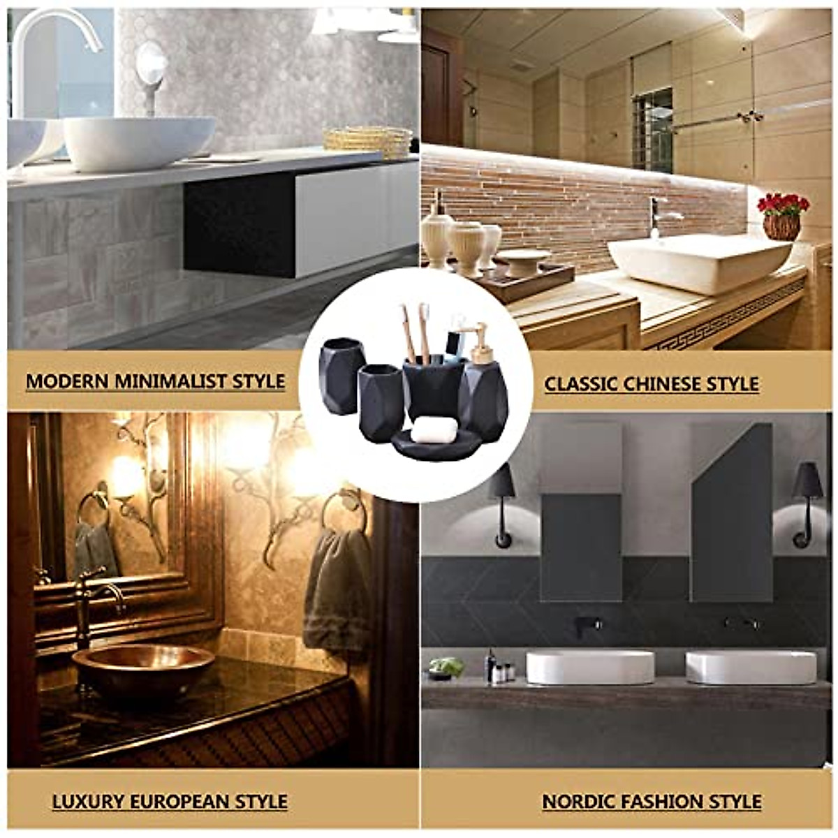 JINYISI Bathroom Accessory Set,5 Piece Ceramic Bathroom Accessories Set,Toothbrush Holder Set,Bathroom Sets Accessories (Black/White)