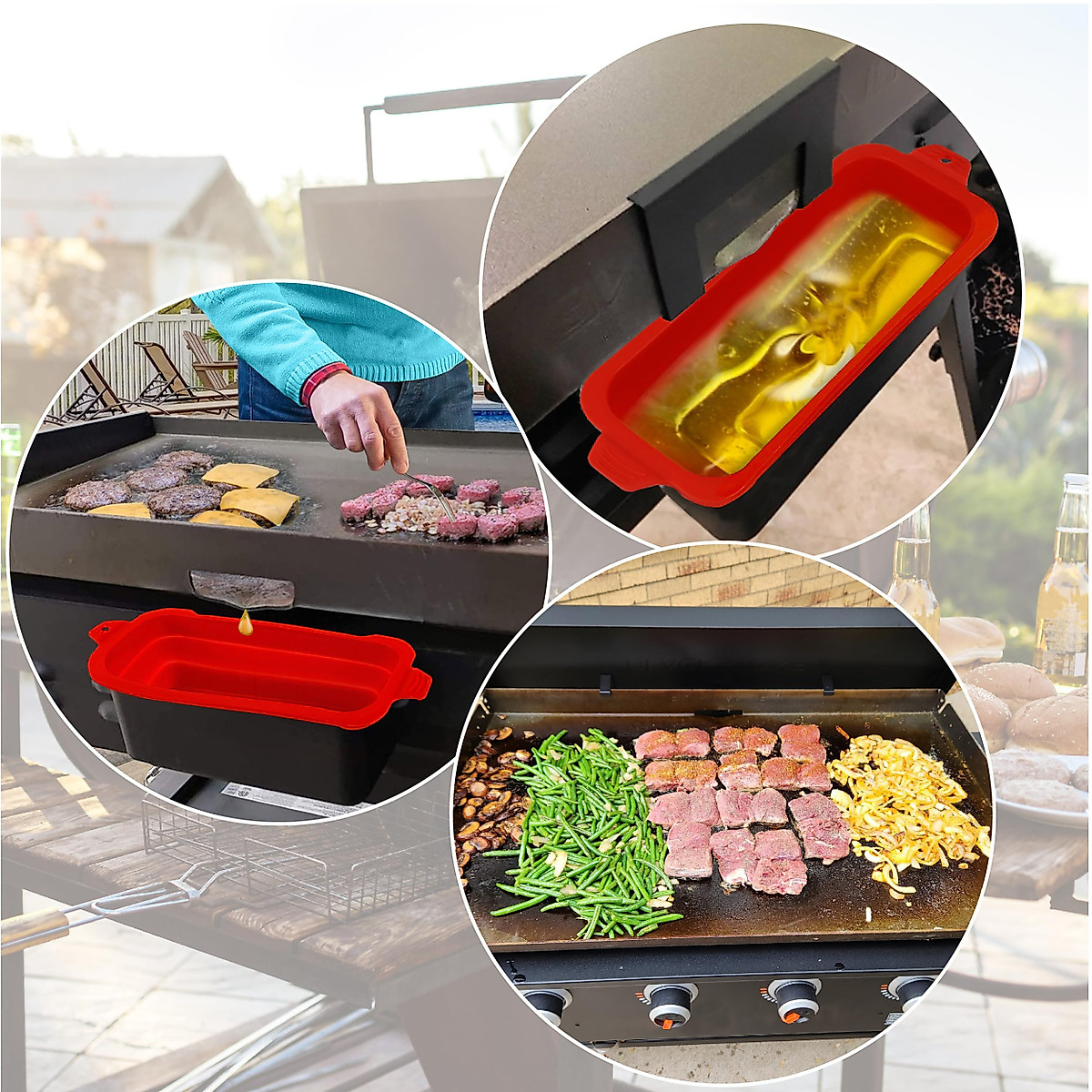 TUMAYTHK 2-Pack Silicone Reusable Grease Cup Liners for Blackstone Griddles 36" 28" 22" 17", Replacement for Aluminum Foil Drip Pan Liners, Foldable Grease Catcher Liner + 2 Pcs Hanging Hooks