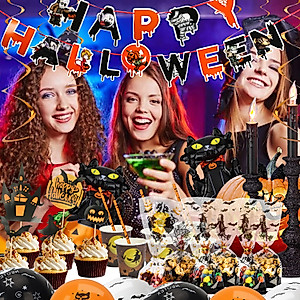 TOY Life 165 Pcs Halloween Party Decorations Supplies Party Banner Balloon Decorations Set Halloween Themed Birthday Party Supplies Kits with Happy Halloween Tablecloth Banner Spooky Cat Decor Kit