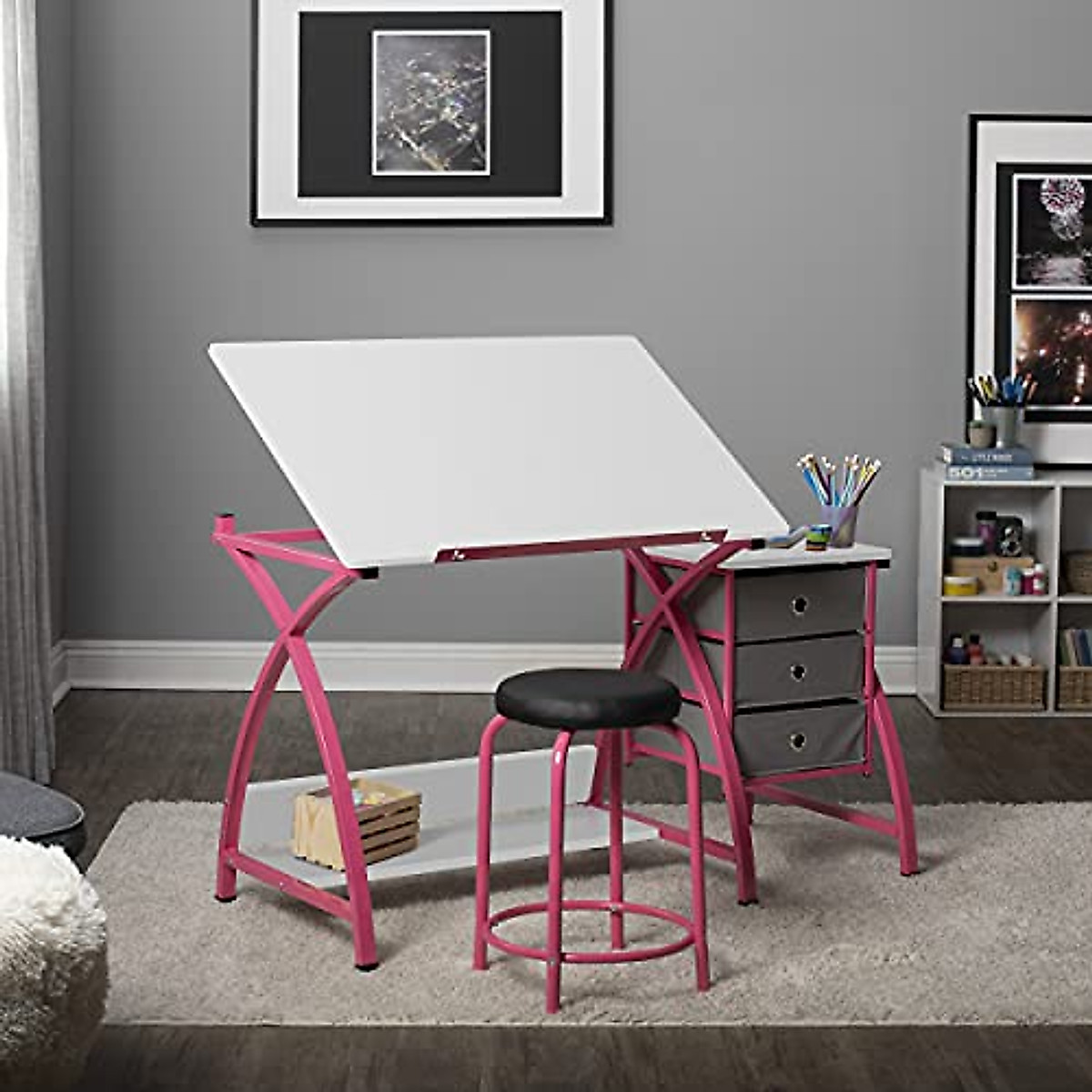 SD STUDIO DESIGNS 2 Piece Comet Center Plus, Craft Table and Matching Stool Set with Storage and Adjustable Top, 50" W x 23.75" D x 29.5" H, Pink/White