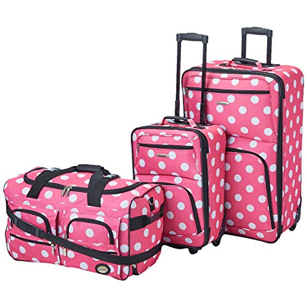 Rockland Vara Softside 3-Piece Upright Luggage Set, Expandable,Lightweight,Telescopic Handle,Wheel, Pink Dots, 20 inches,22 inches,28 inches