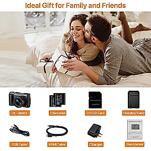 4K Digital Camera for Photography with 3'' 180°Flip Screen, Autofocus 48MP Vlogging Cameras for YouTube Compact Camera with 16X Digital Zoom 32GB SD Card, 2 Batteries and Charging Stand for Travel