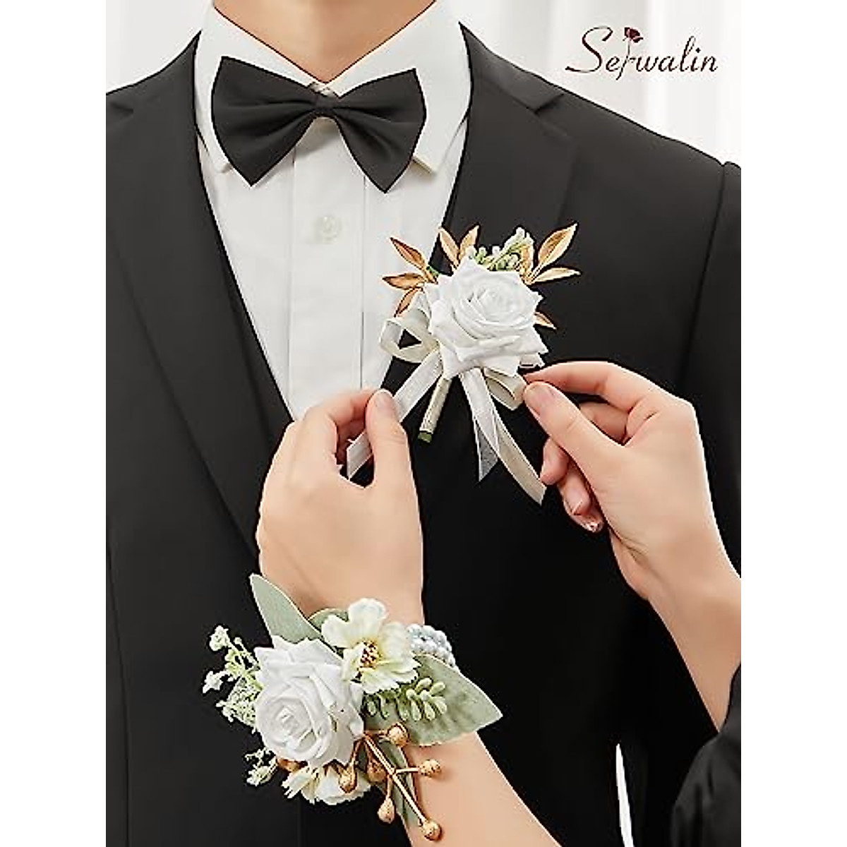 Serwalin White Corsage and Boutonniere Set, Prom Artificial Flower Wrist Corsage Bracelets, Homecoming Corsage Wristlet, Boutonniere for Men Wedding Flowers Accessories Prom Suit Decorations